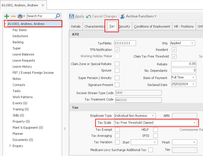 Company data - tax scales